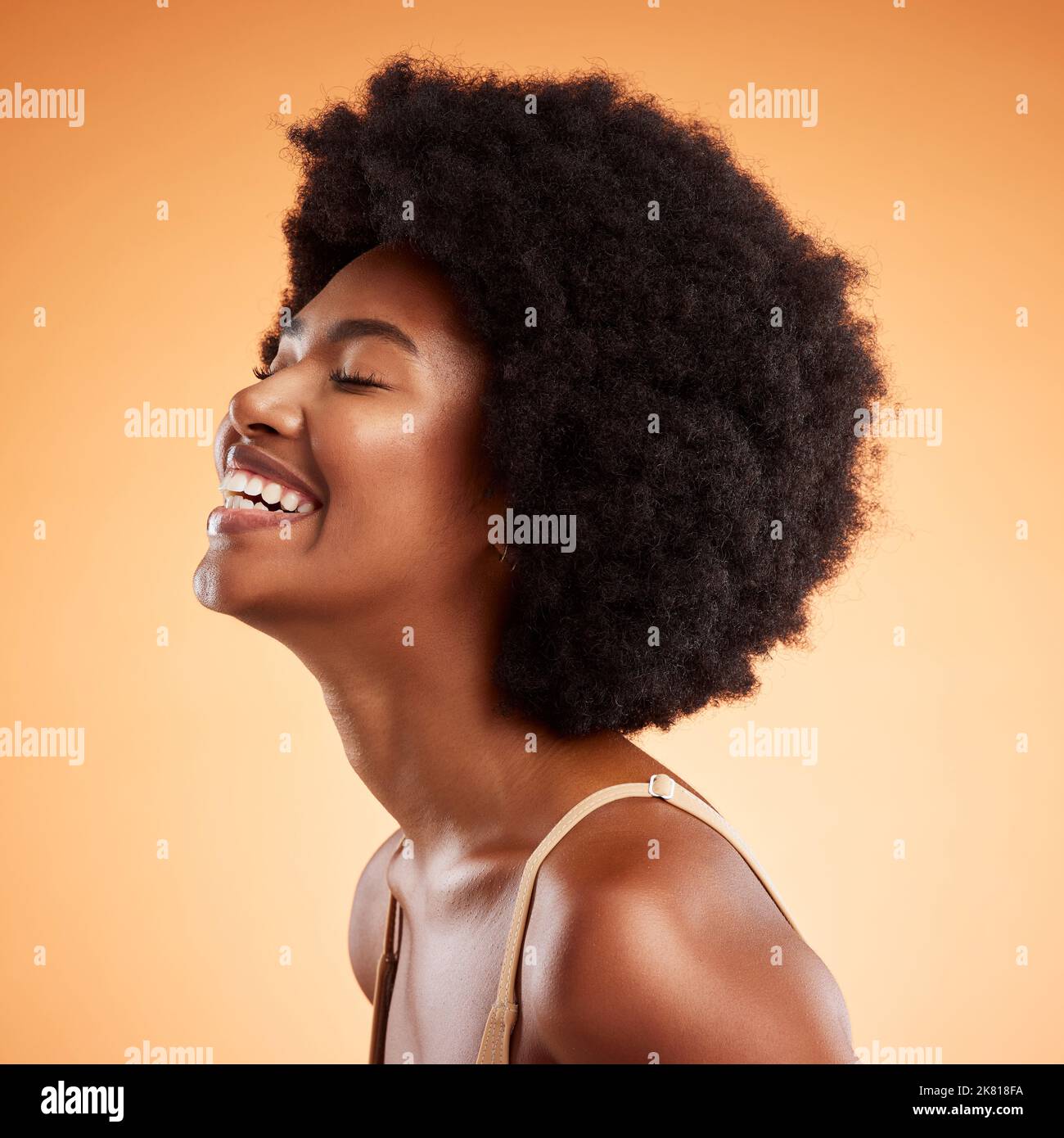 Beauty, black woman and laughing wellness, skincare and natural makeup ...