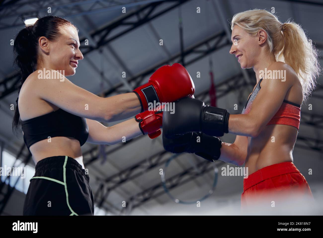 Sportive young women wearing sports uniform and boxing gloves workout ...