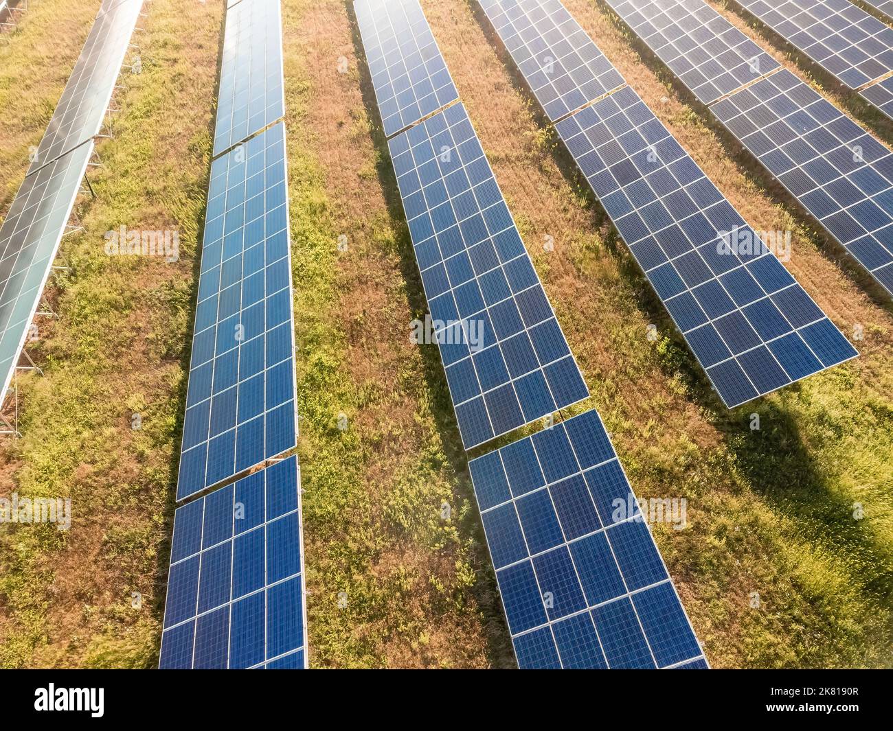 Aerial top view of a solar panels power plant. Photovoltaic solar ...