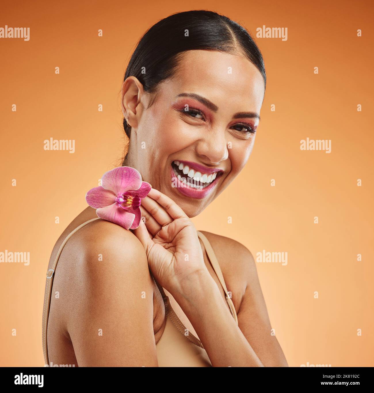 Skincare, beauty and flower with a model black woman in studio on an ...