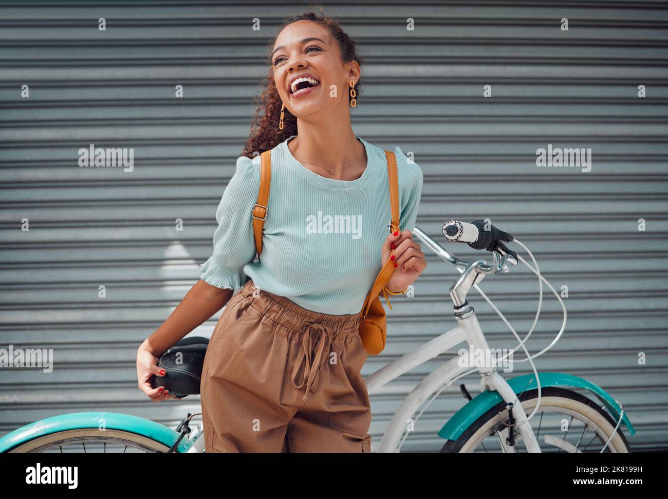 Bicycle, travel and black woman student excited for outdoor lifestyle ...
