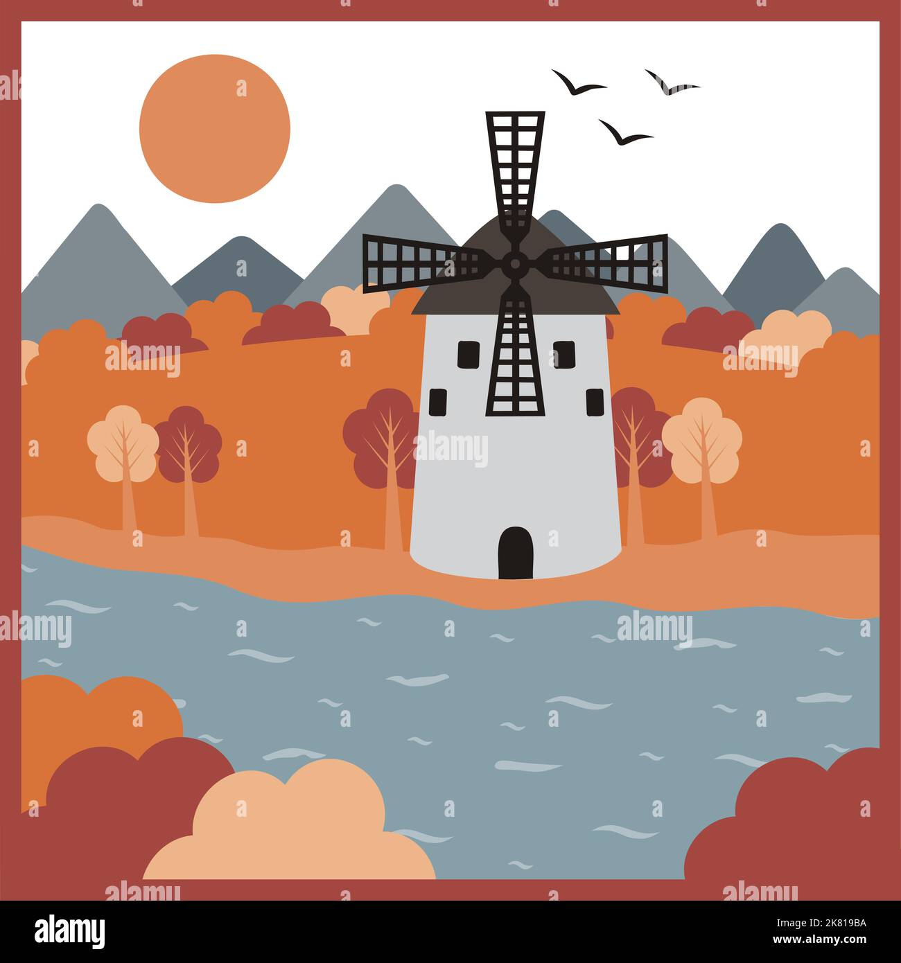 Autumn landscape, mill on the background of mountains and rivers, color ...