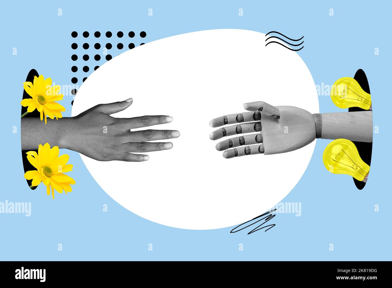 Creative photo collage illustration of handshake human hand robot palm ...