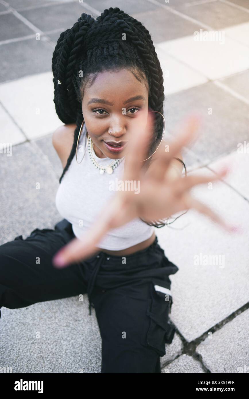 Fashion, stylish and black woman in the city street with urban designer ...