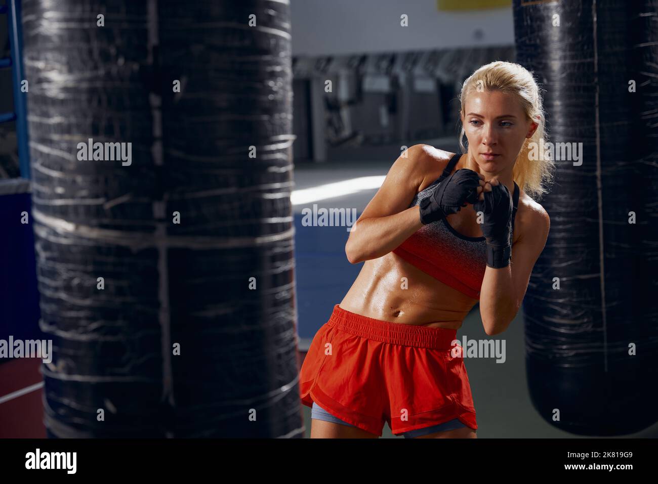 Sportive woman, female professional boxer training at sports gym ...