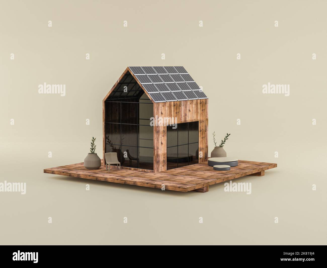 3d render of wooden who house. Modular cabin with terrace and solar ...