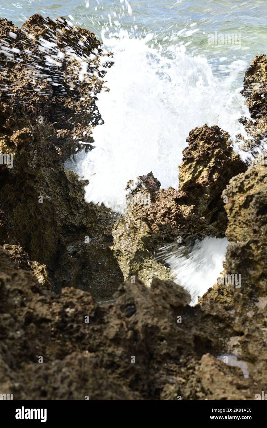 A vertical closeup shot of the splash of the ocean waves on a rocks on ...