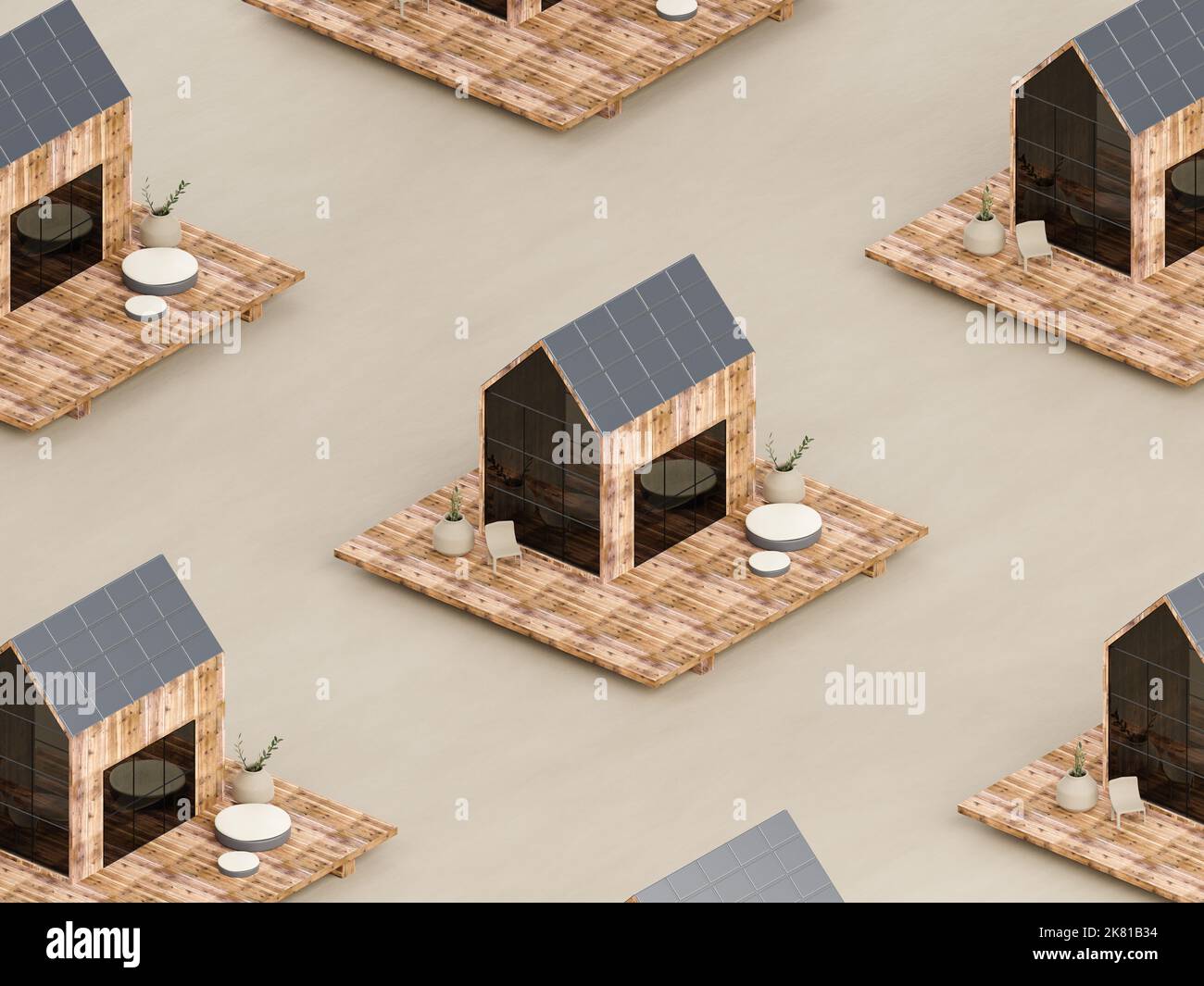 3d render of wooden who house. Modular cabin with terrace and solar ...