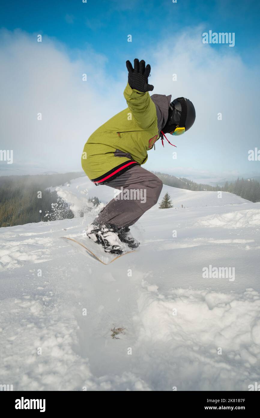 man snowboarder portrait carpathian mountains on background Stock Photo ...