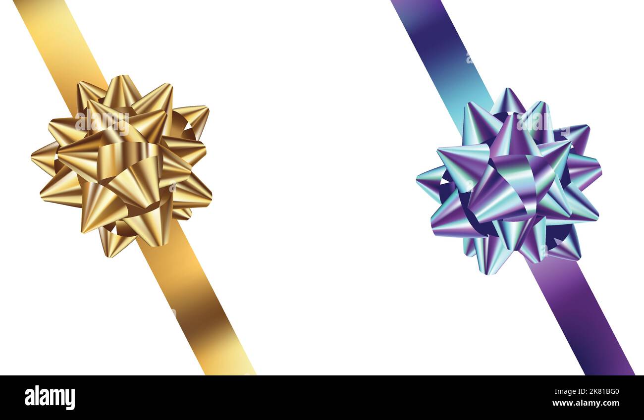 Set of gold and violet gift bows with ribbons. Vector illustration ...