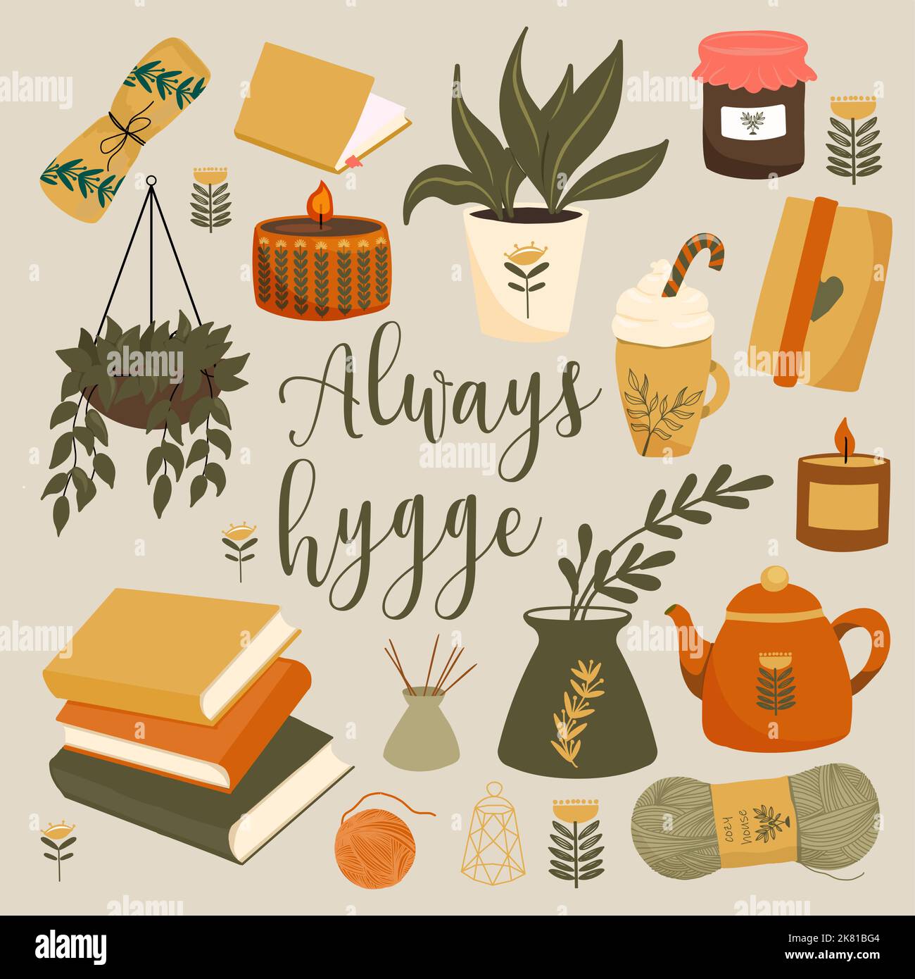 Hygge autumn elements set. Cute and cozy vector set. Illustration of ...