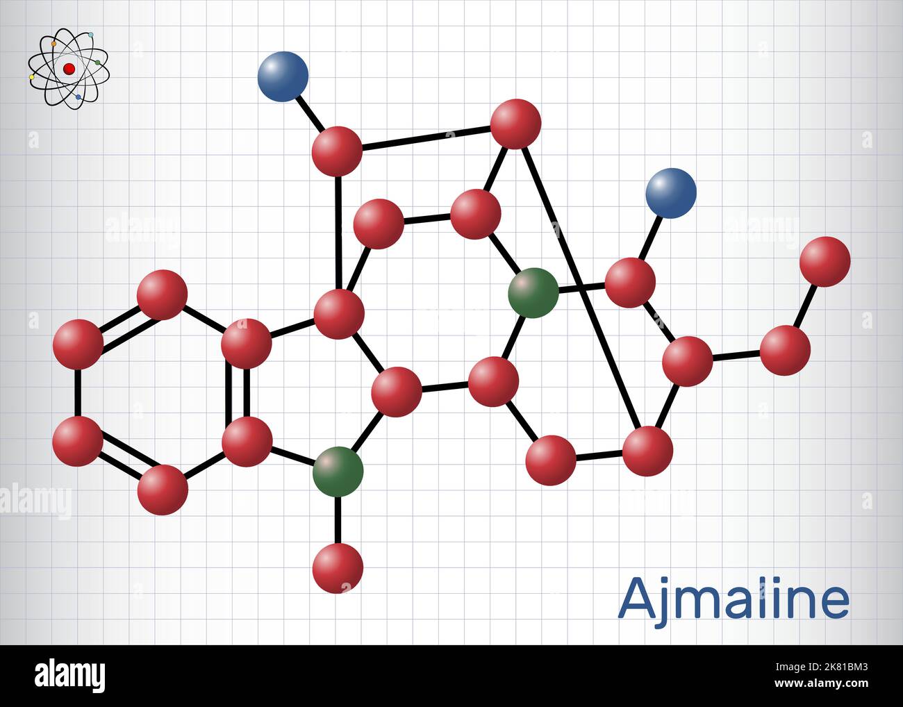 Ajmaline molecule. Structural chemical formula, molecule model. Sheet ...
