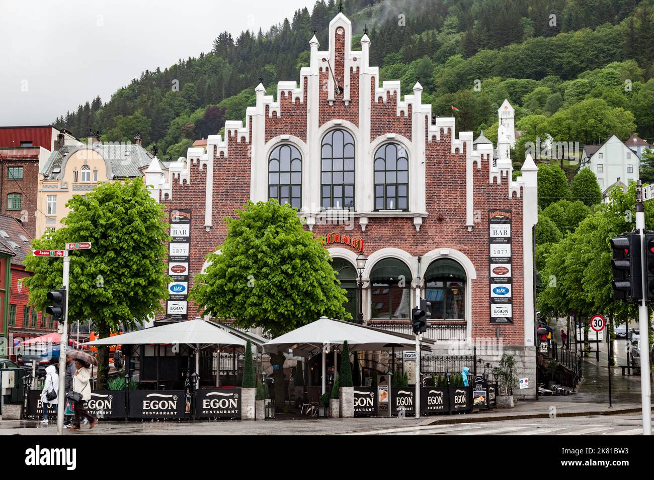 The facade of the historical buildings in Bergen, Norway Stock Photo ...