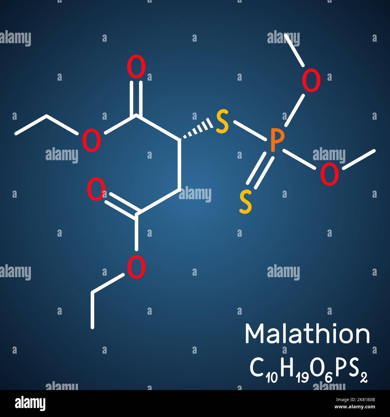 Malathion molecule. Structural chemical formula on the dark blue ...