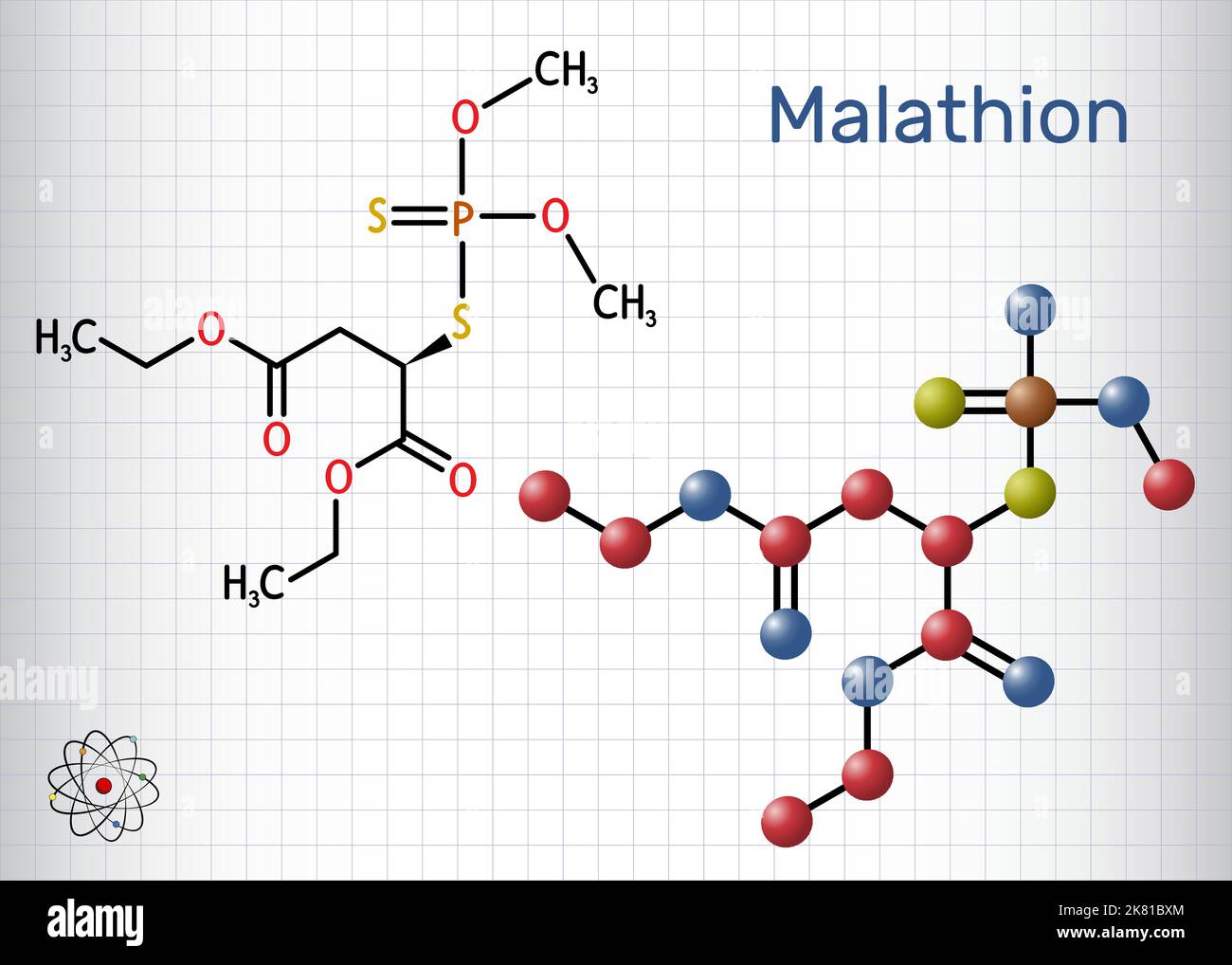 Malathion molecule. Structural chemical formula, molecule model. Sheet ...