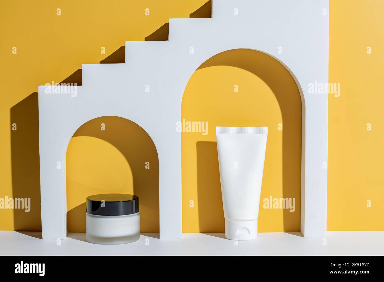 Geometric shapes for skin care cosmetics presentation. Archs stand on a ...