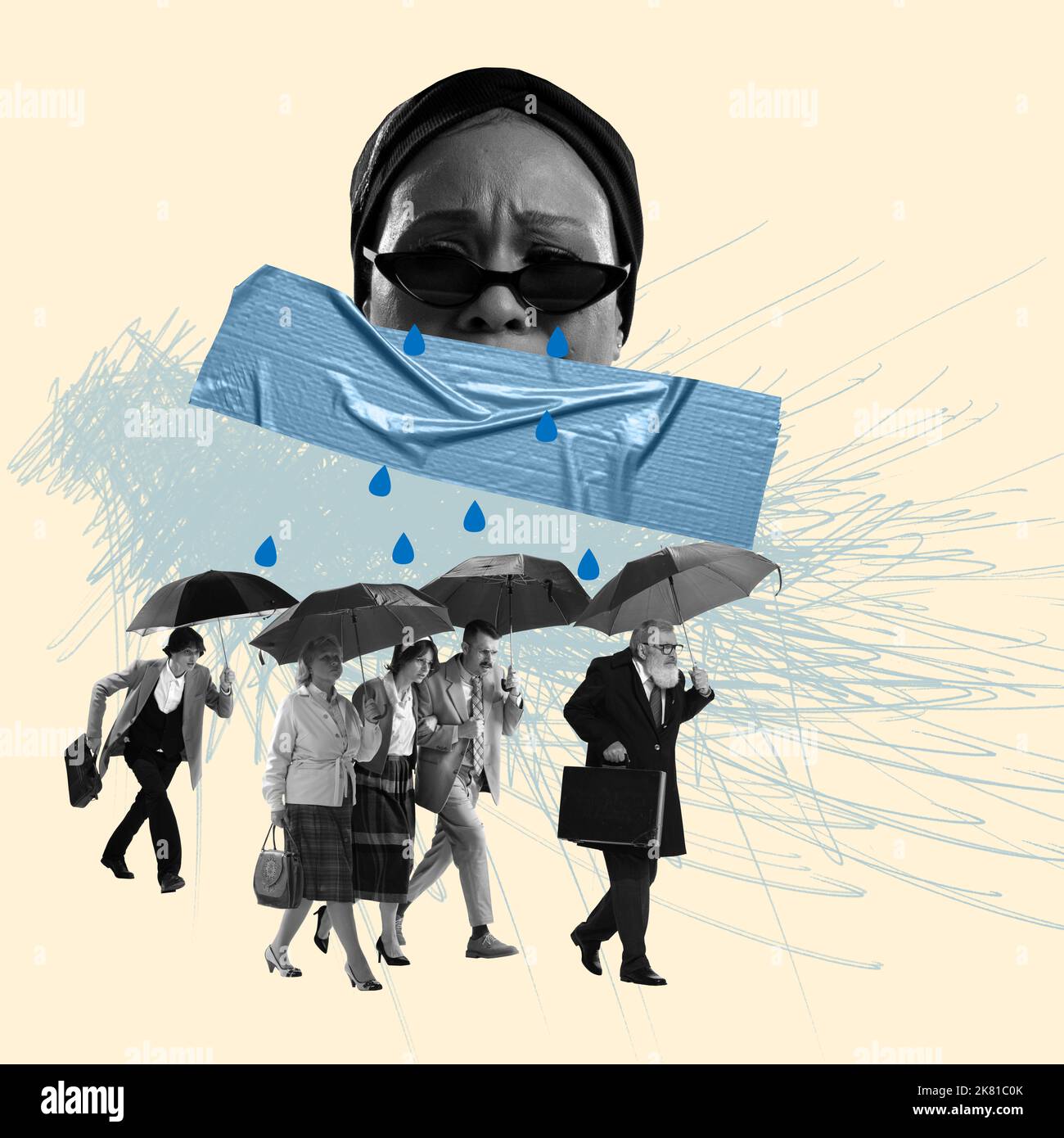 Contemporary art collage. Conceptual image. Young woman feeling sadness ...
