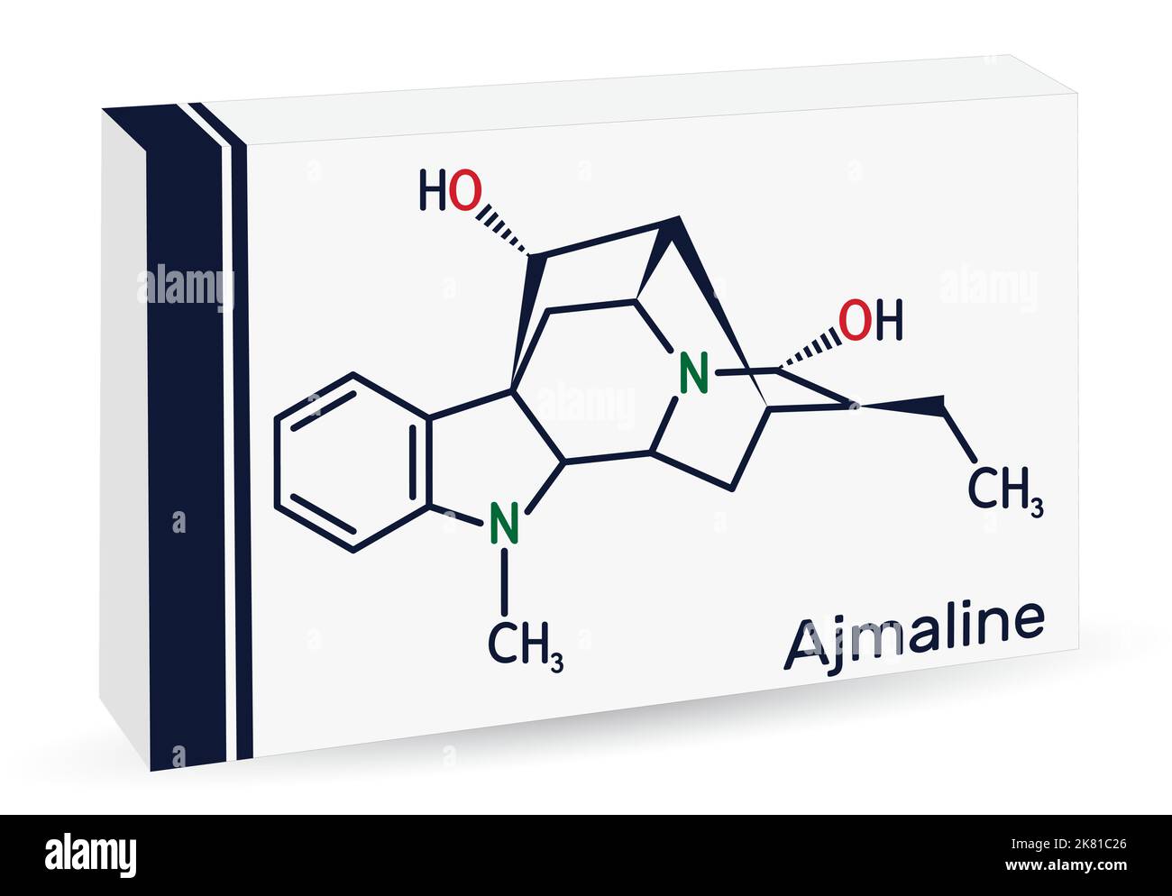 Ajmaline molecule. Skeletal chemical formula. Paper packaging for drugs ...