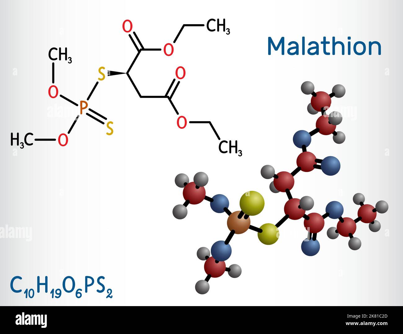 Malathion molecule. Structural chemical formula, molecule model Stock ...