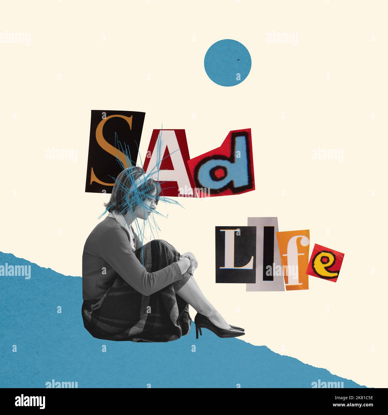 Young sad woman sitting and feeling sadness. Contemporary art collage ...