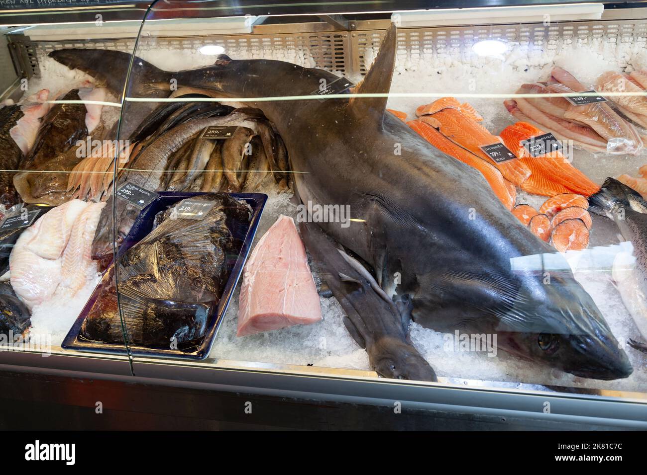 A little shark and fish for sale in the market of Bergen, Norway Stock ...