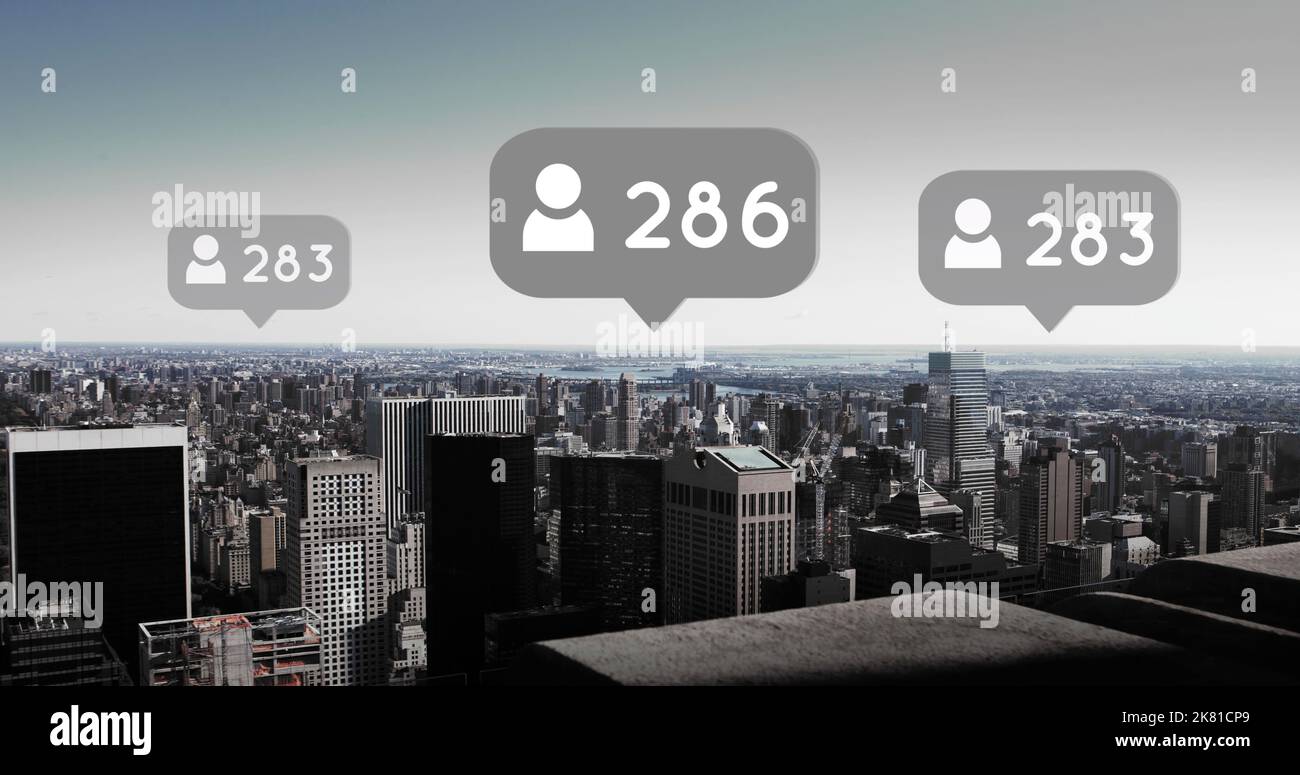 Composite of profile icons and multiple numbers in speech bubbles over ...
