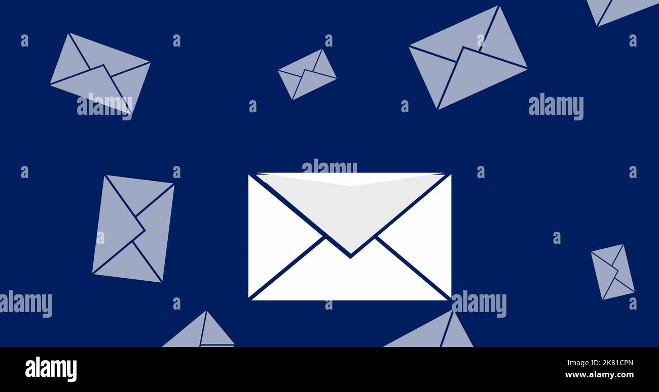 Illustration of falling white colored envelopes over blue background ...
