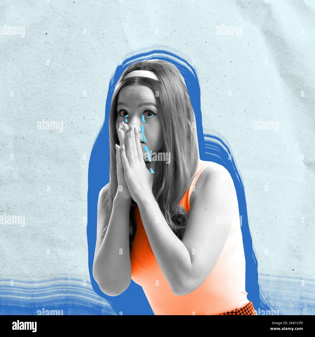 Contemporary art collage. Conceptual image. Young woman feeling sadness ...