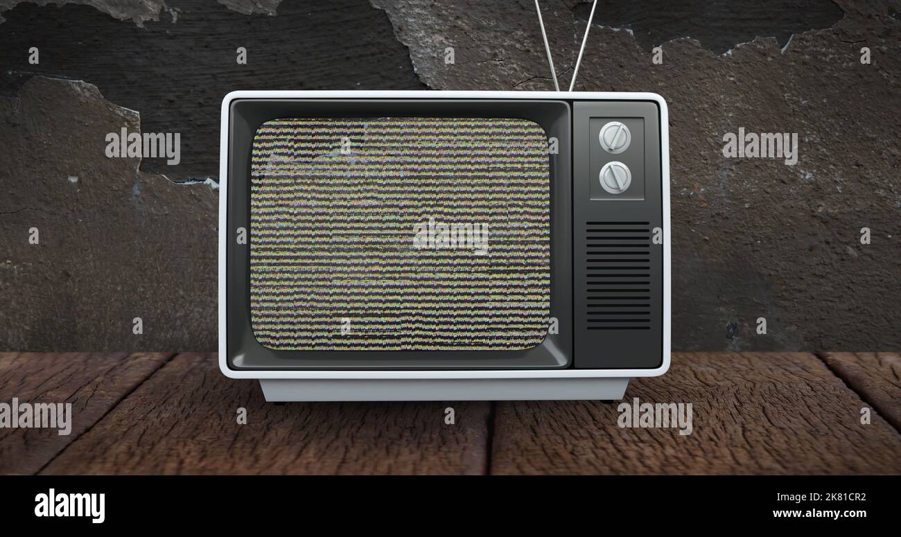 Composite of antique television with glitch on screen over table ...