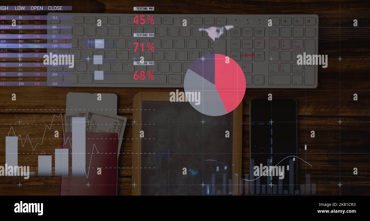 Image of financial data processing with statistics over desk computer ...
