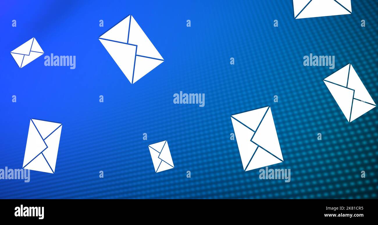 Illustration of falling white envelopes over dots against blue ...