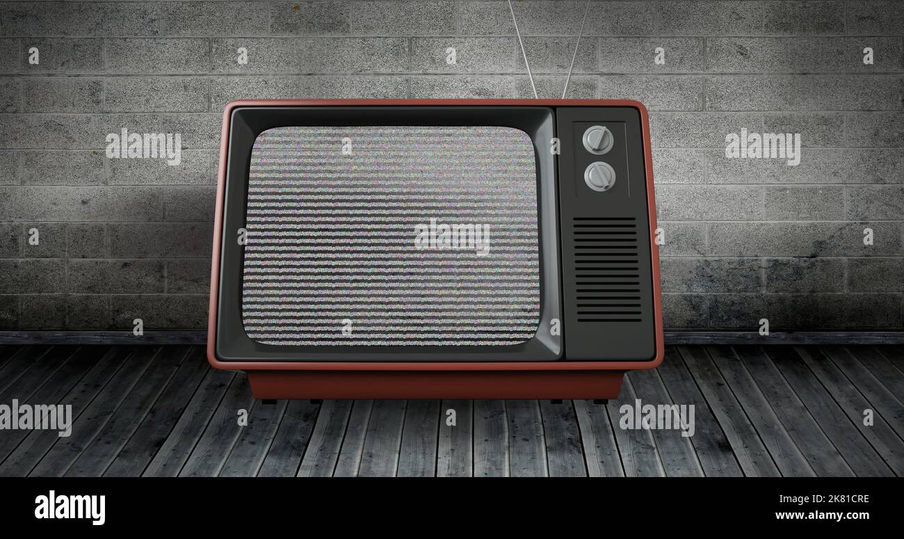 Composite of television screen with glitch on table against gray brick ...