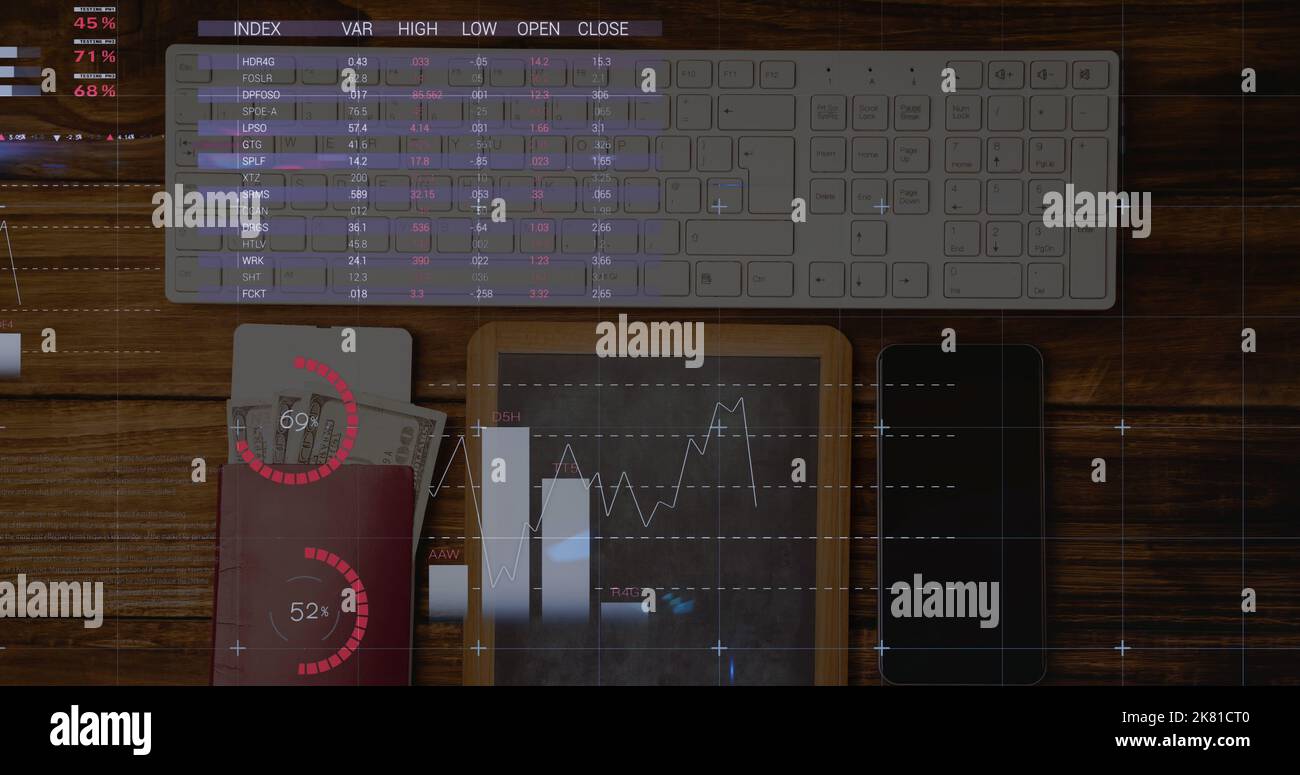Image of financial data processing with statistics over desk computer ...