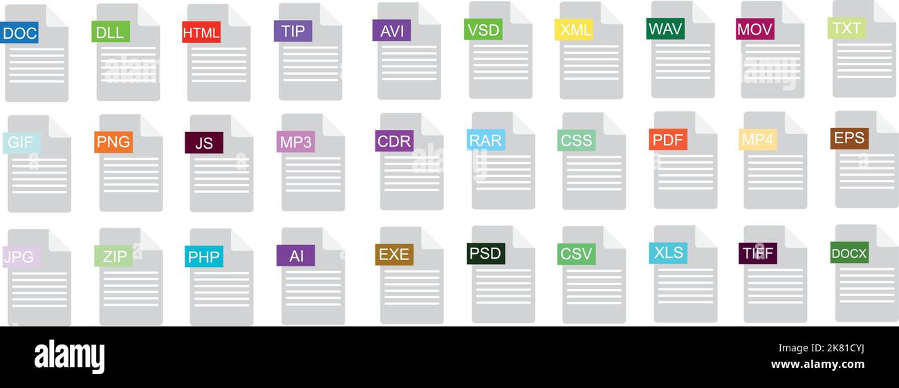 A stack of files of different formats on an isolated background Stock ...