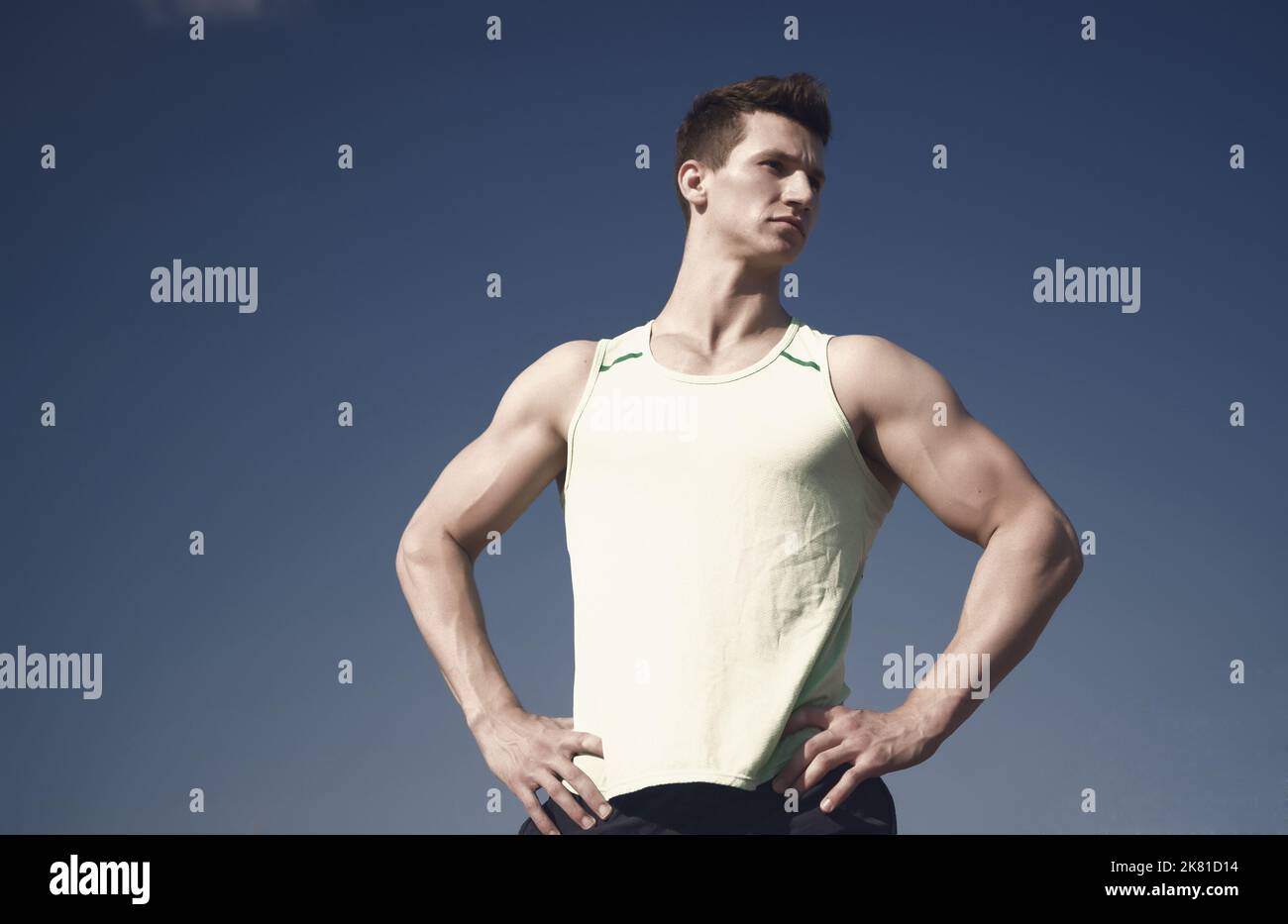 Man bodybuilder posing on blue sky Stock Photo - Alamy