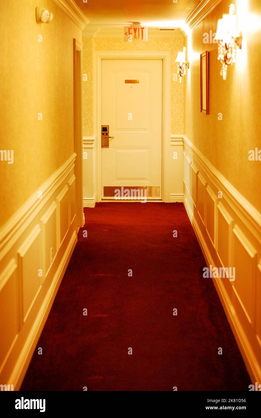 A vertical shot of a luxury corridor with the exit sign Stock Photo - Alamy