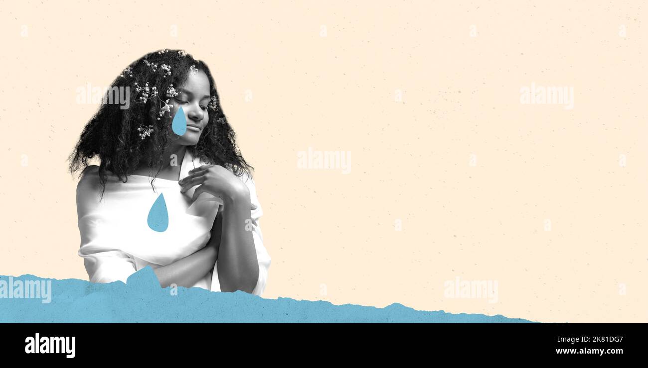 Contemporary art collage. Conceptual image. Young woman feeling sadness ...
