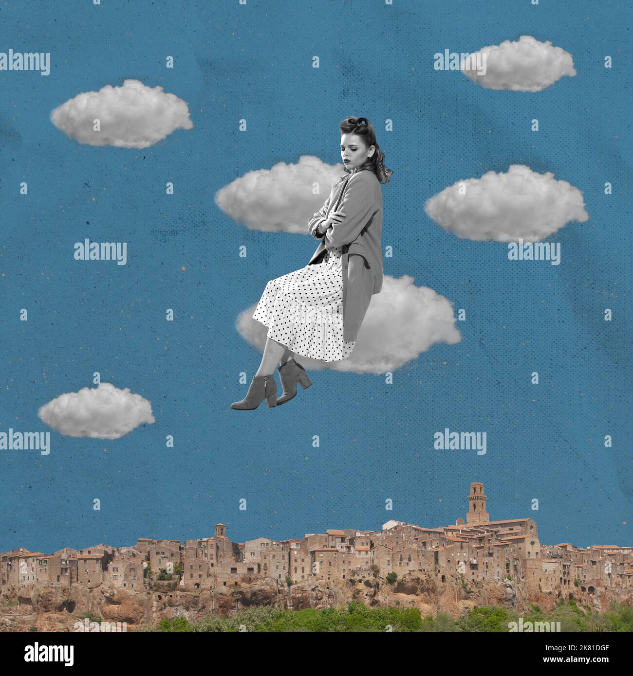 Dreaming. Changing mood. Contemporary art collage. Female face with ...