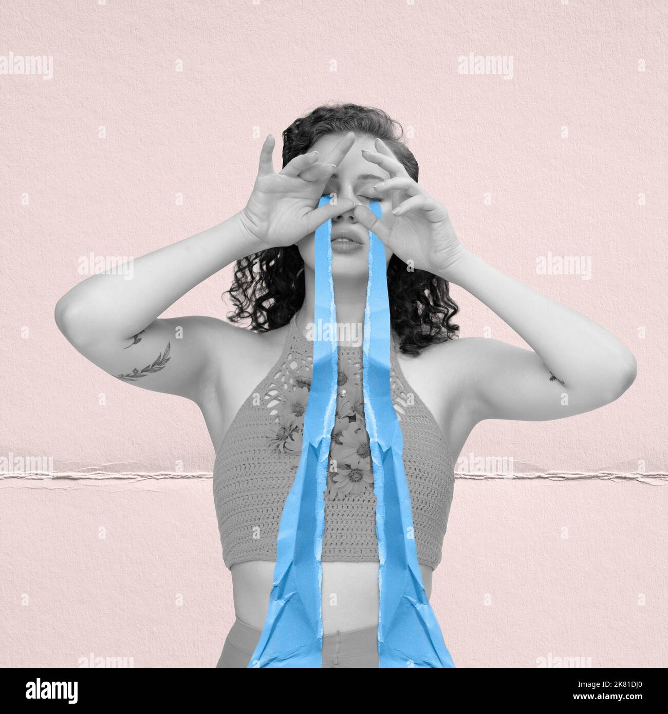 Contemporary art collage. Conceptual image. Young woman feeling sadness ...