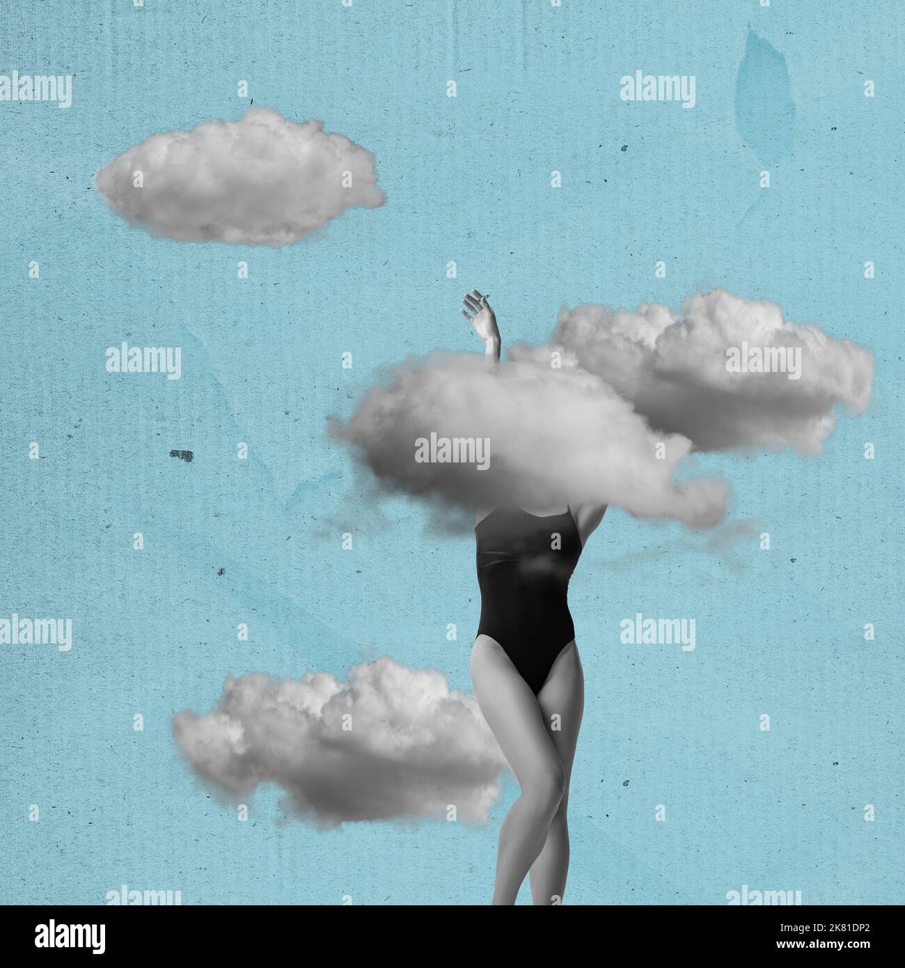 Dreaming. Changing mood. Contemporary art collage. Female face with ...