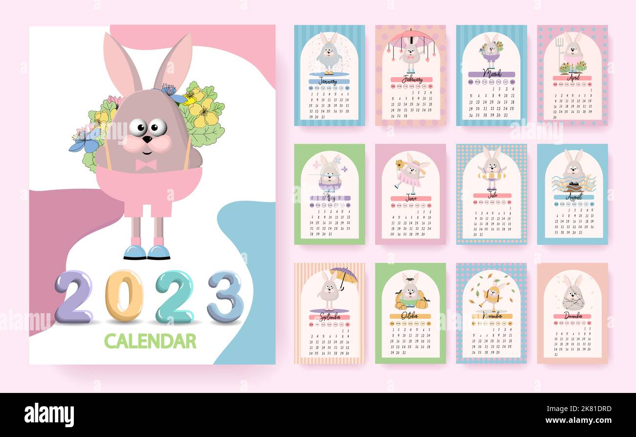 Rabbit calendar for 2023 with amazing funny characters Stock Vector ...