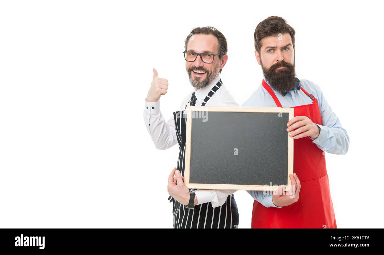 Bartender with blackboard advertisement. Hipster bartender show ...