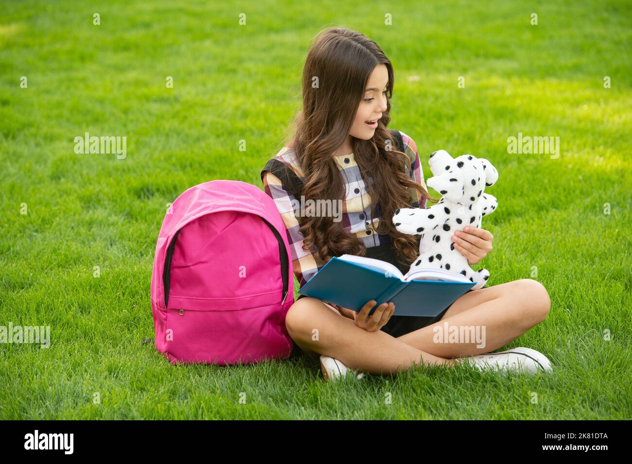 Teen girl reading book to dog toy sitting on grass, education. back to ...