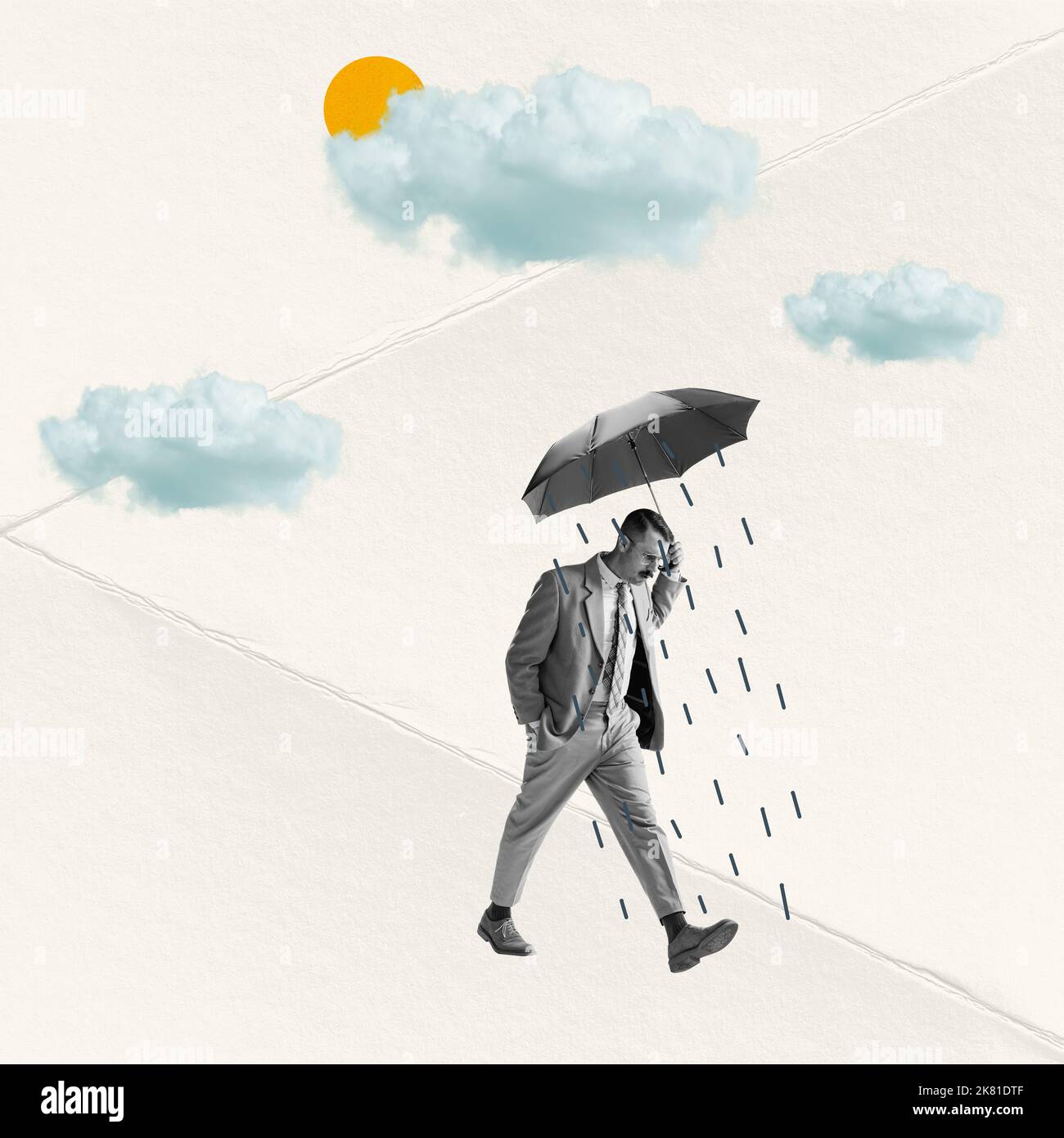 Sad man walking under umbrella on abstract background with drawings ...