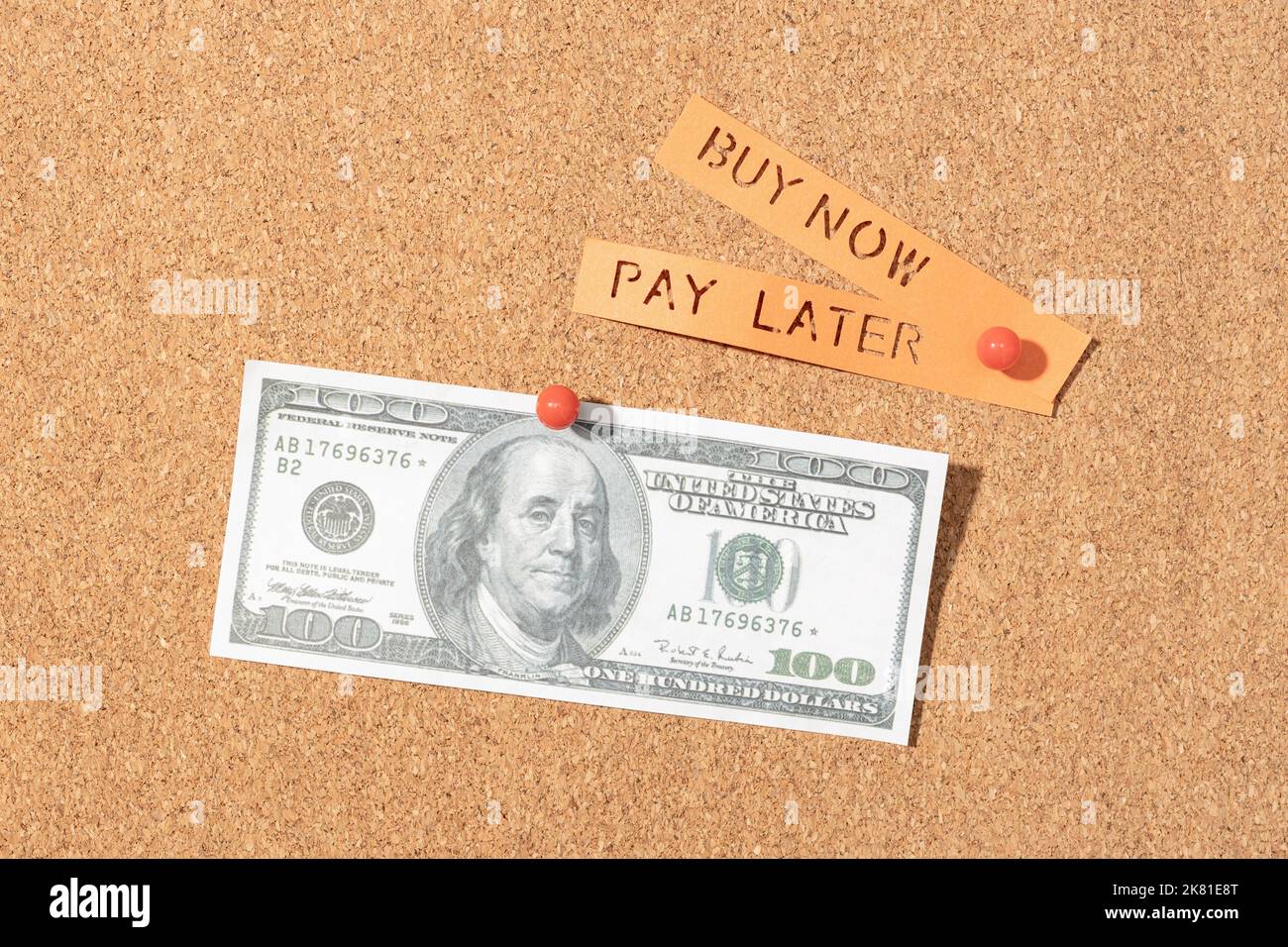 Buy now pay later concept. US dollar banknote and message label pinned ...
