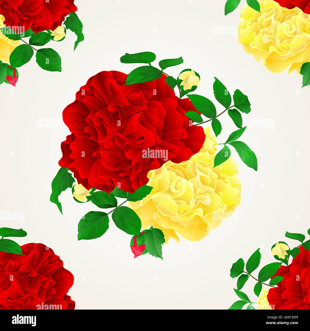 Seamless texture Red and yellow rose with buds and leaves vintage ...