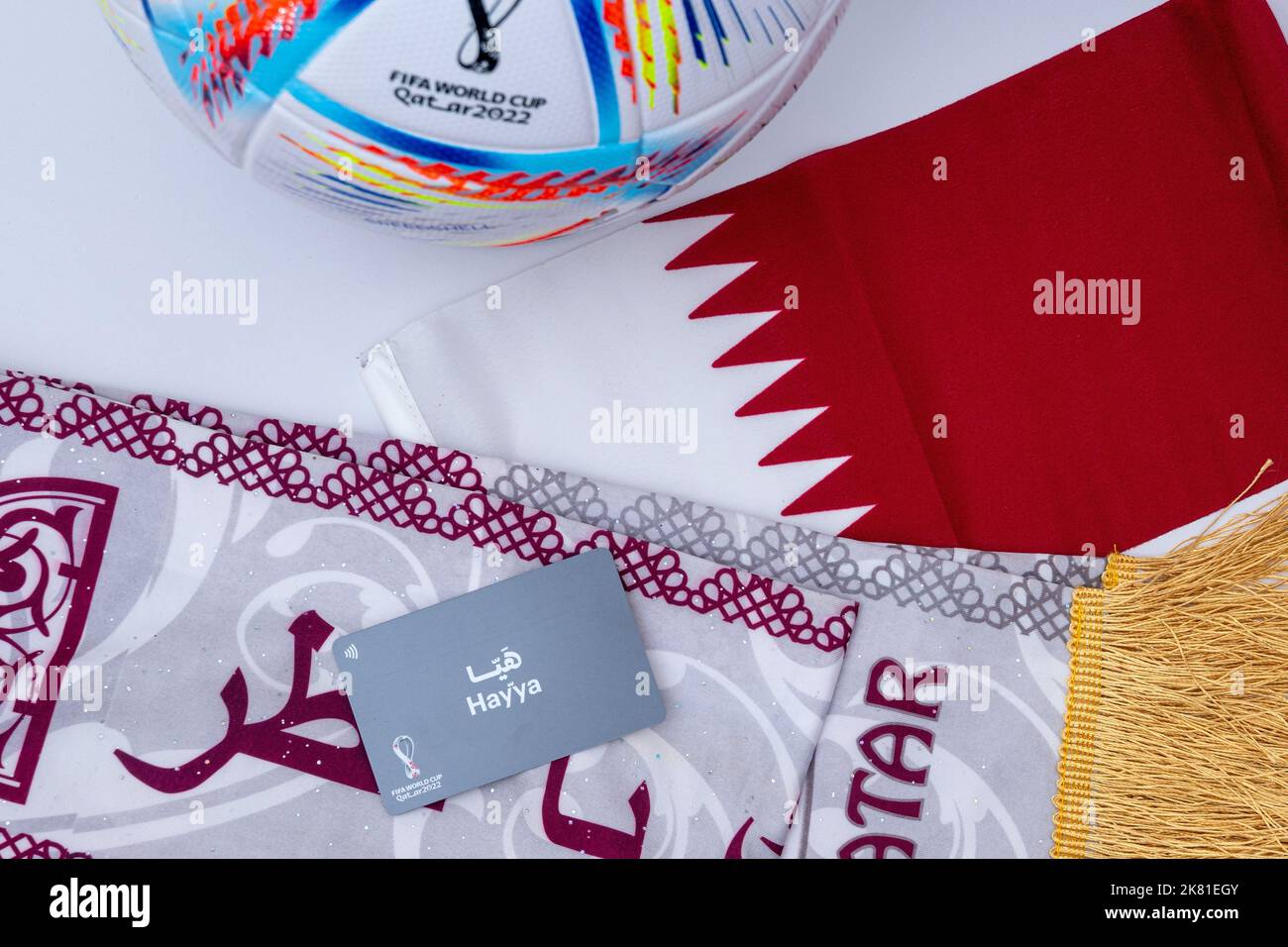 The FIFA world cup 2022 match ball with Hayya Card and Qatar flag Stock ...