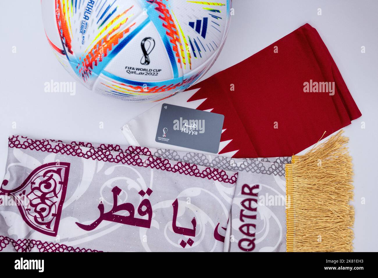 The FIFA world cup 2022 match ball with Hayya Card and Qatar flag Stock ...