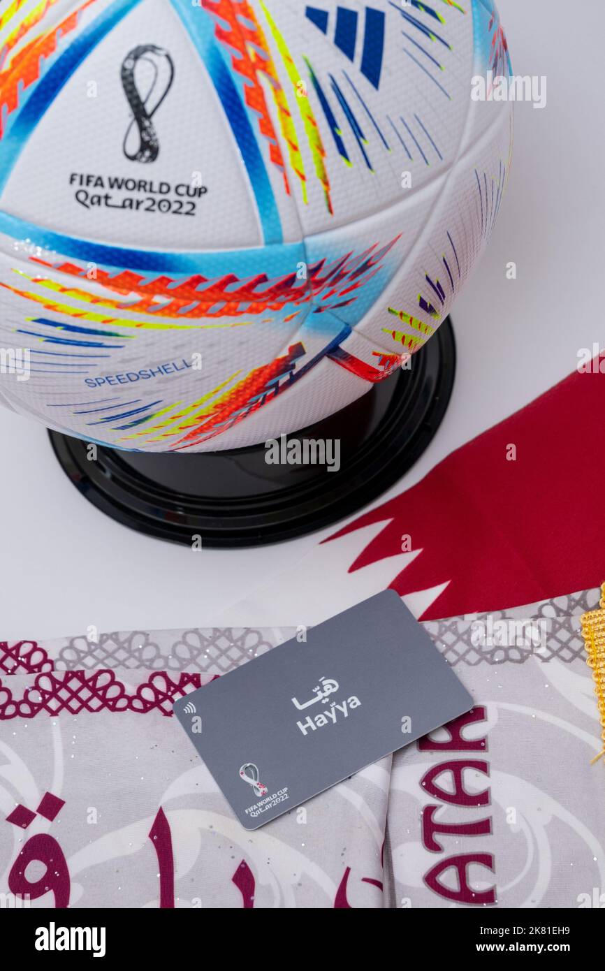 A vertical shot of the FIFA world cup 2022 match ball with Hayya Card ...