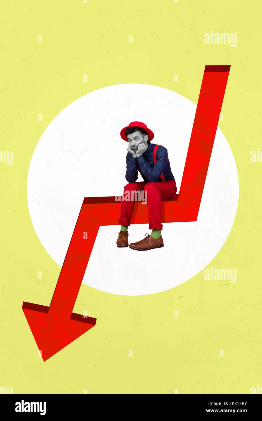 Creative retro 3d magazine image of stressed depressed mini guy sitting ...